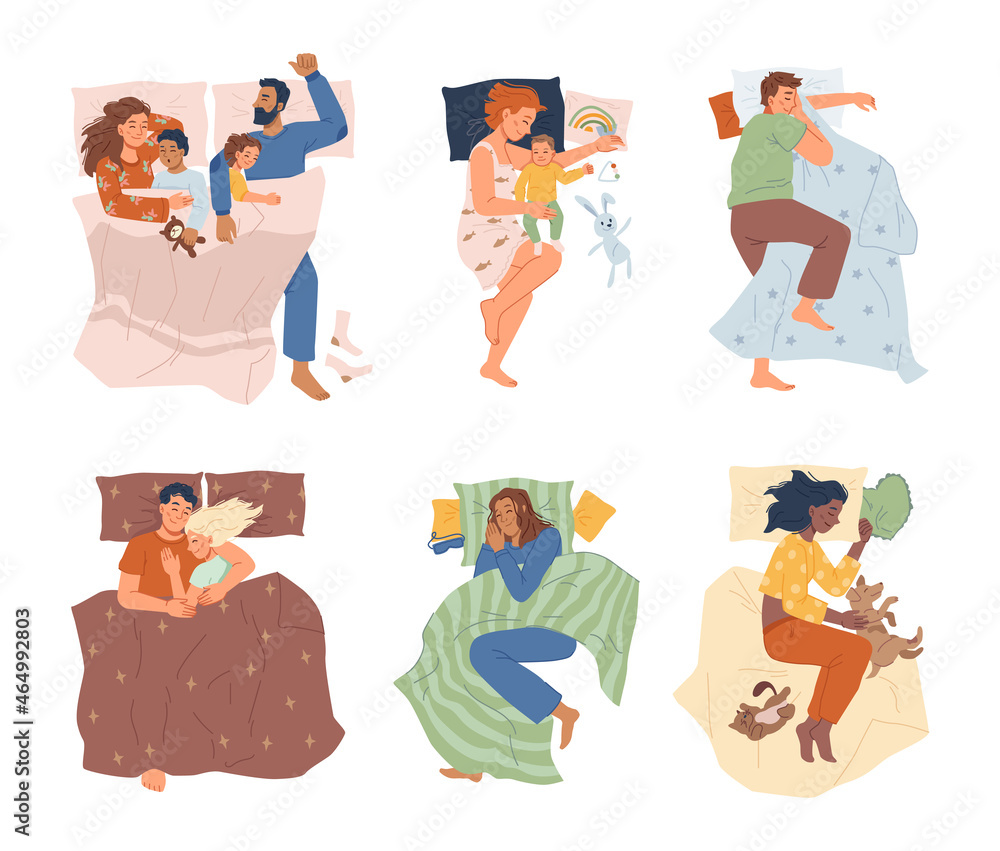 Couple and kids sleeping peacefully in bed, mother and child, girl with ...