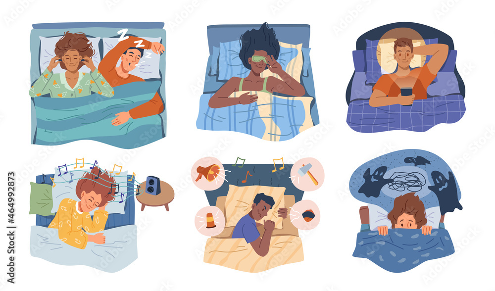 Sleep problems solution flat cartoon set. Vector mental psychological ...