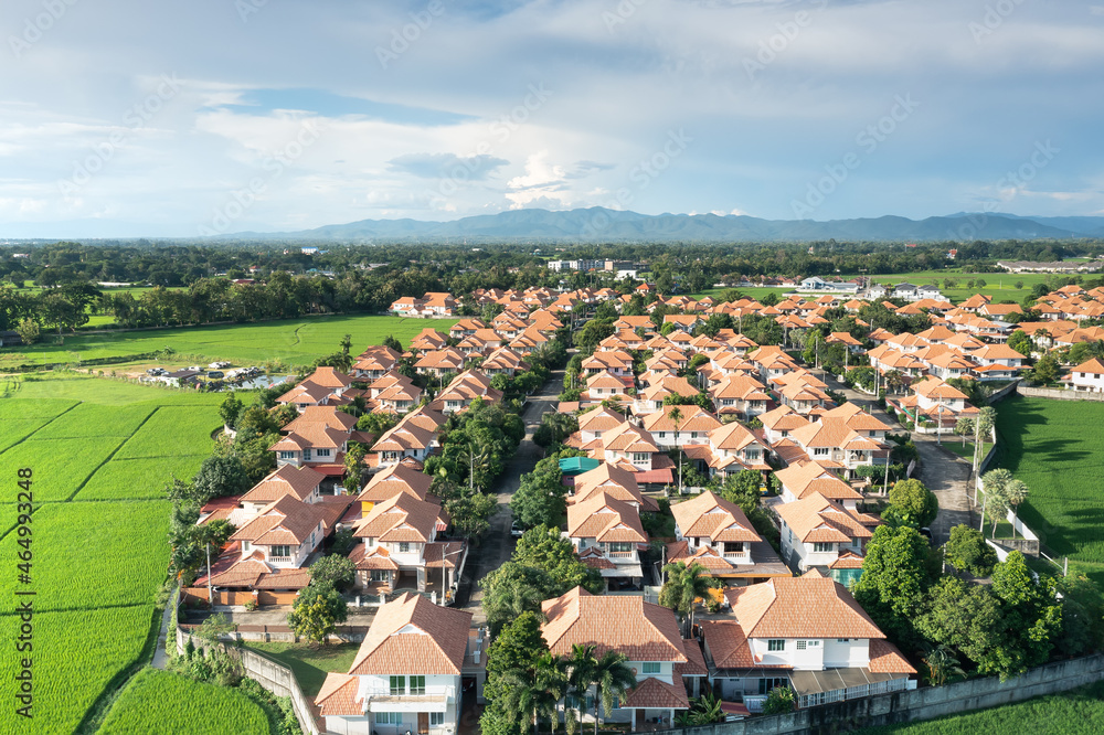 Housing estate in aerial view. That village or community consist of ...