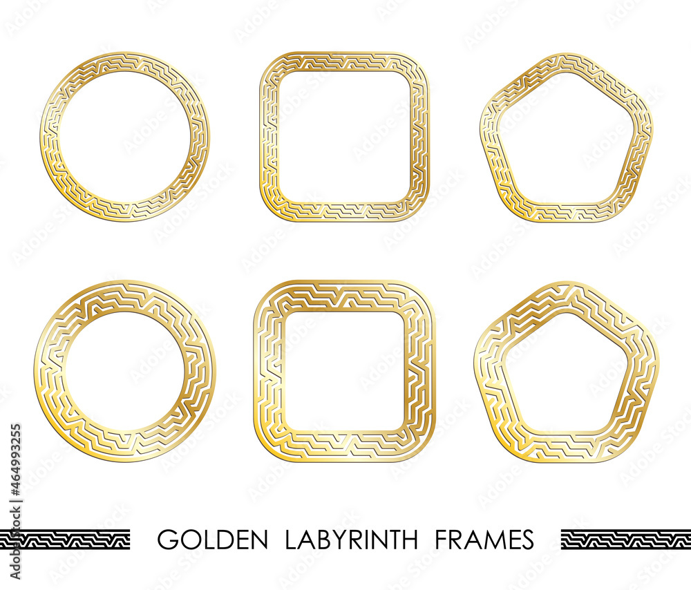 Set of golden LABYRINTH round and square frames for decorative headers ...