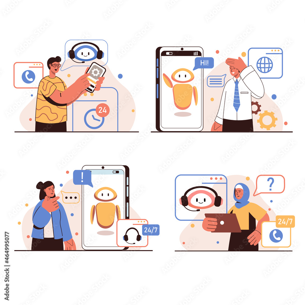 Vetor de Virtual assistant people concept isolated scenes set. Men and ...