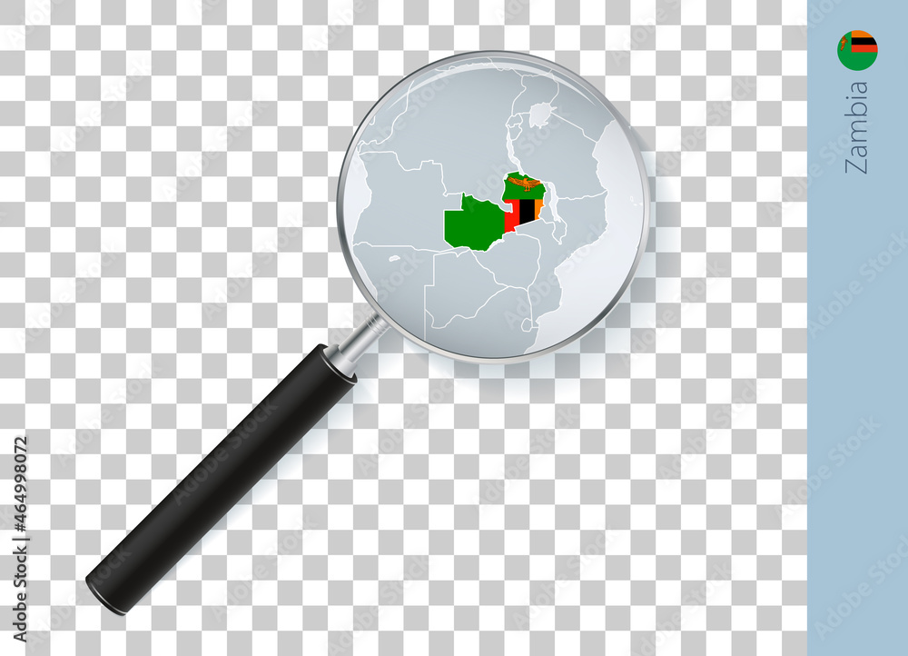 Zambia map with flag in magnifying glass on transparent background ...