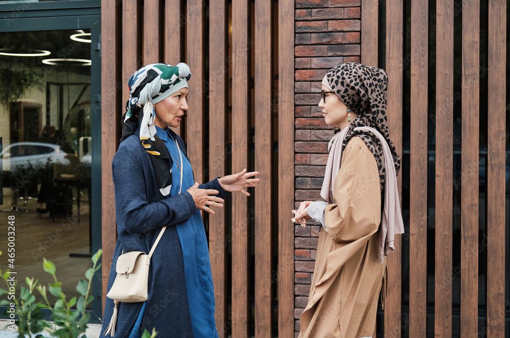 Two muslim women in traditional clothing talking to each other while ...