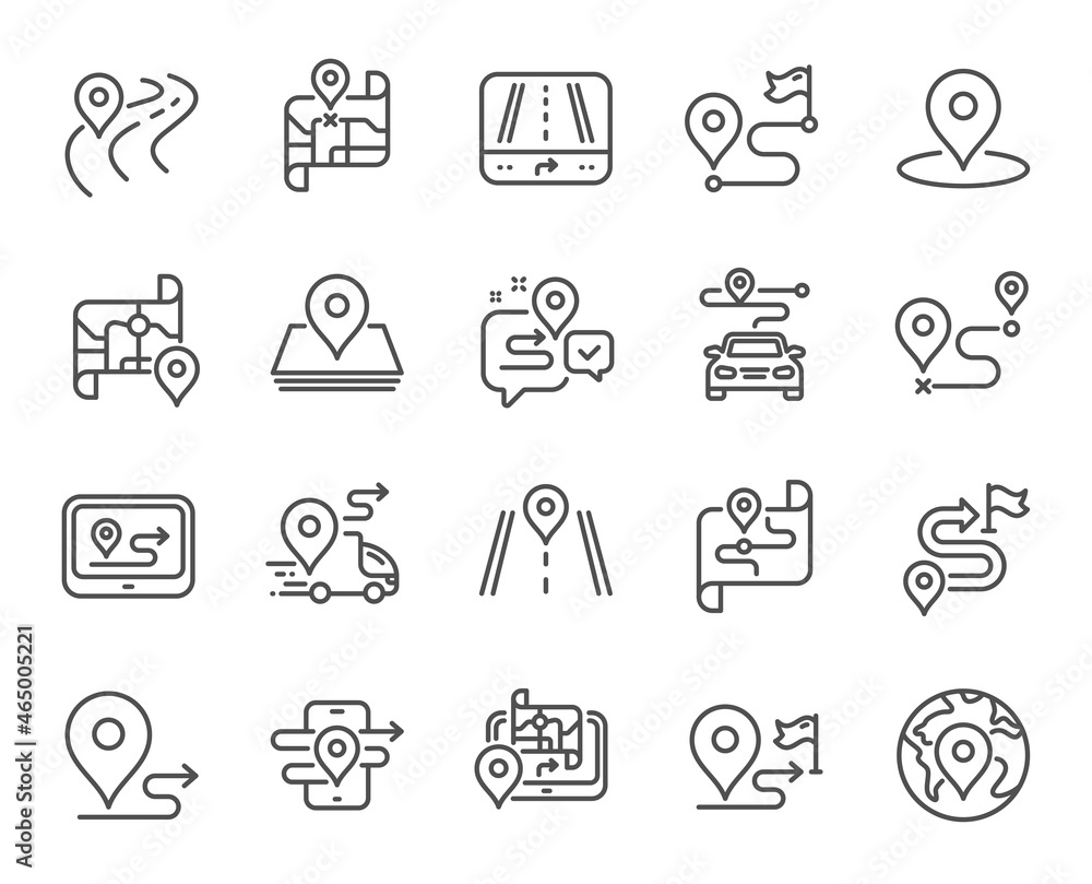 Road map line icons. Journey path, Route map and Trip distance. GPS ...