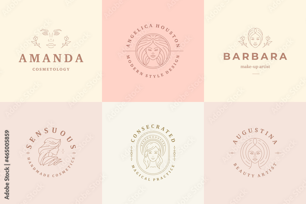 Feminine logos emblems design templates set with female portraits ...