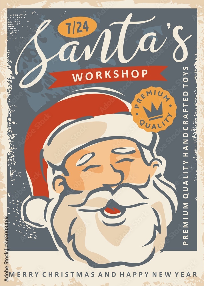 Santa workshop retro poster design advertisement for Christmas and New ...