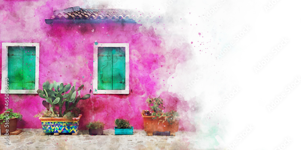 Burano, Venice, Italy, Watercolor drawing, beautiful background of the ...