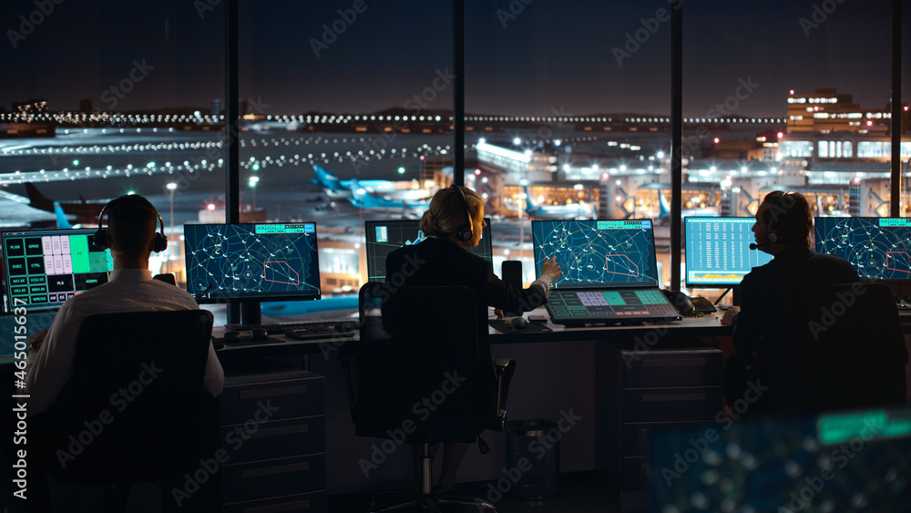 Diverse Air Traffic Control Team Working in Modern Airport Tower at ...