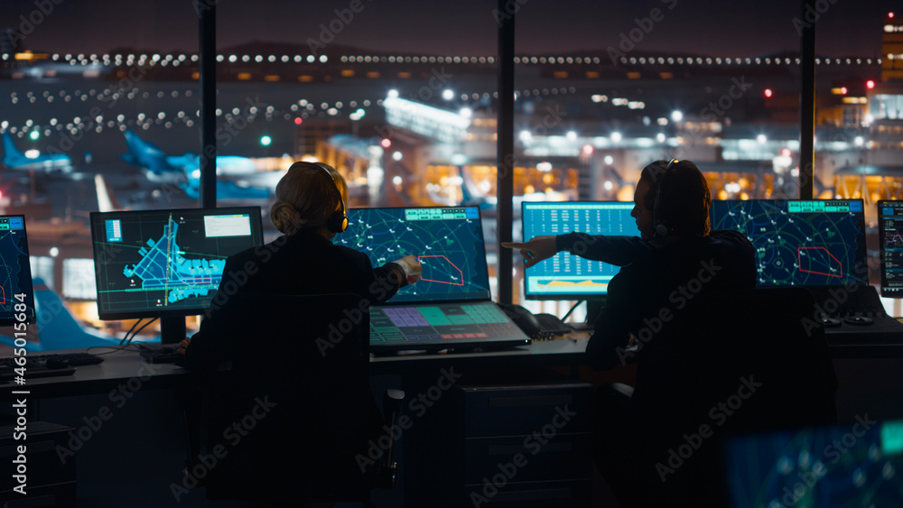 Diverse Air Traffic Control Team Working in a Modern Airport Tower at ...