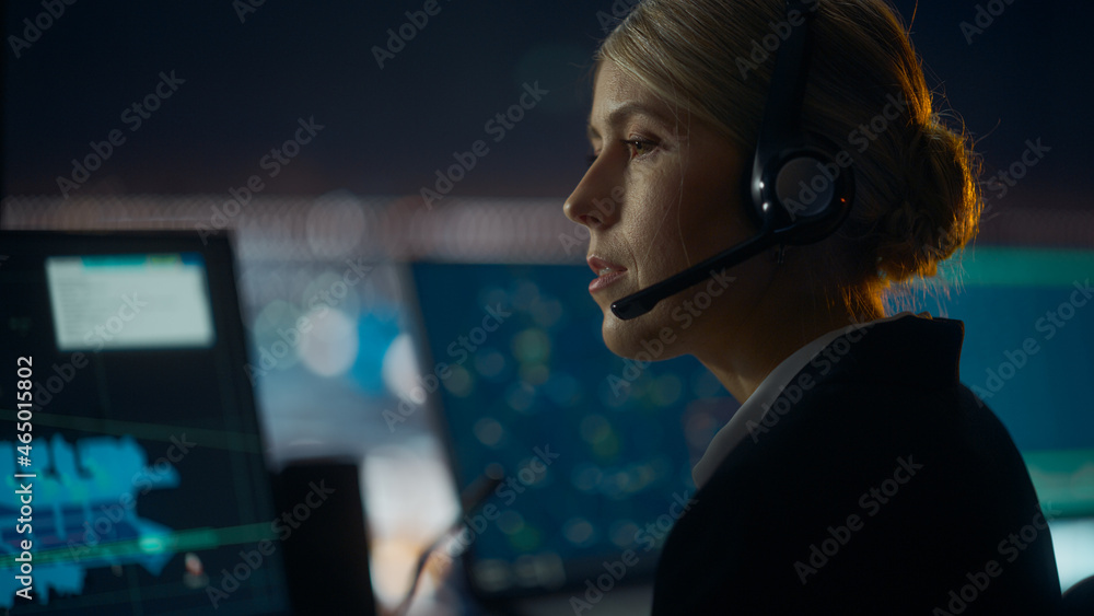 Close Up Female Portrait of Air Traffic Controller with Headset Talk on ...
