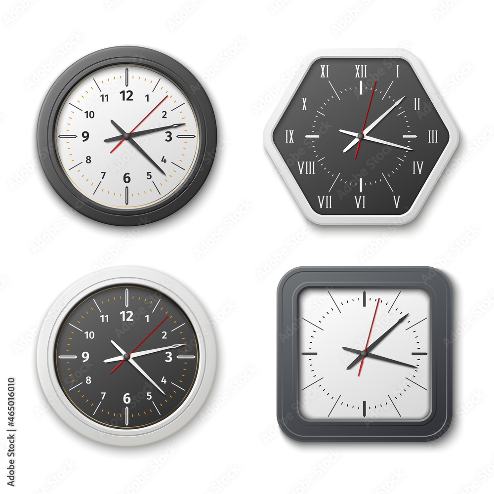 Realistic wall clock. Different watch faces. Square, round or polygonal ...