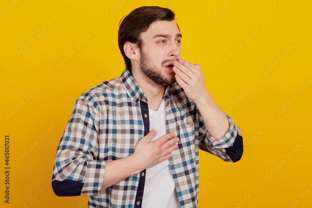 Profile side photo of young man afraid nervous worried look empty space ...
