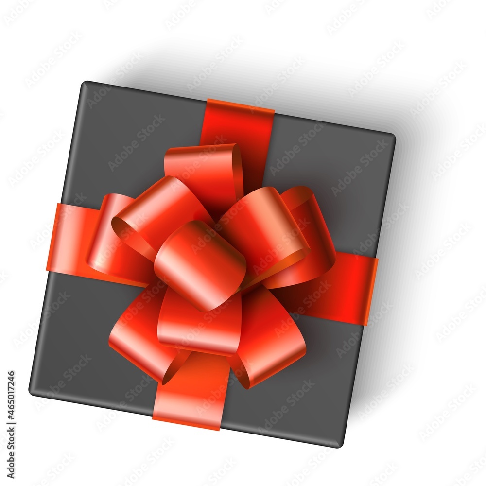 Gift box top view. Realistic festive black present and red satin ribbon ...