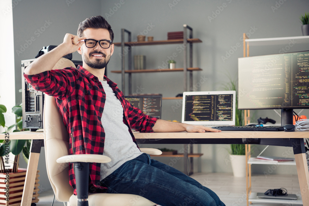Profile side view portrait of attractive skilled cheerful guy writing ...