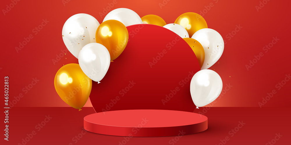Scene podium with golden balloons. Product presentation, mock up ...