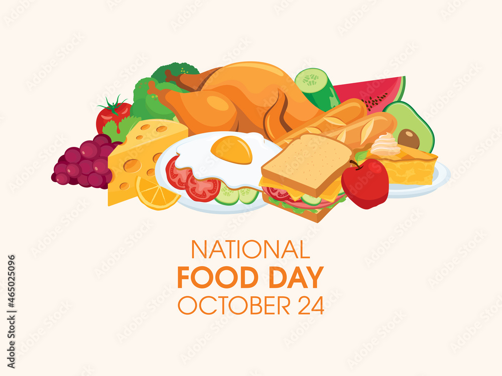 National Food Day poster with group of healthy foodstuff vector. Pile ...