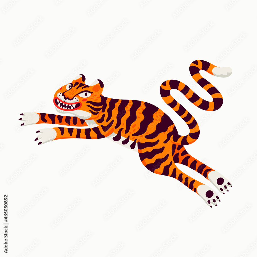 Tiger vector illustration, jumping cartoon tiger on white background ...