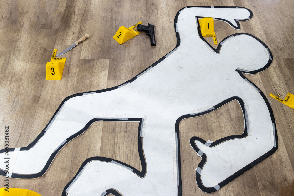 Crime scene investigation with police tape flat icon. White outline of ...