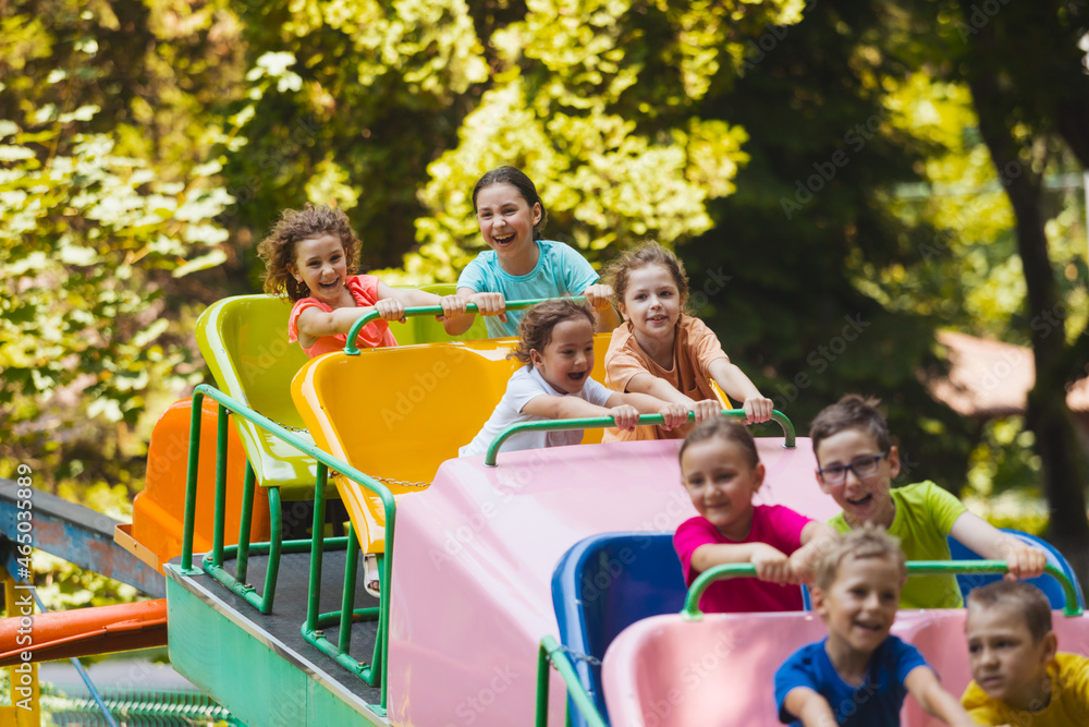 The children experience great emotions of roller coaster riding Stock ...