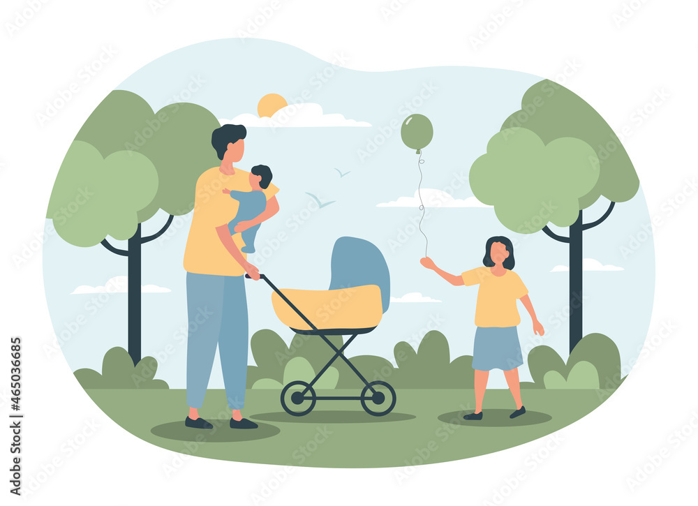 Father walking with children concept. Man holds baby in his arms ...