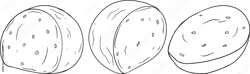 Mozzarella cheese ball, slice and pieces. Hand drawn colored sketch ...