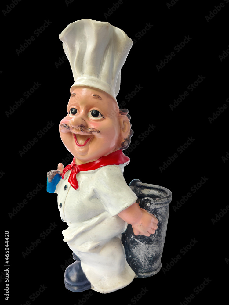 Fat chef carrying kitchen spoon holder in black background, Isolated ...