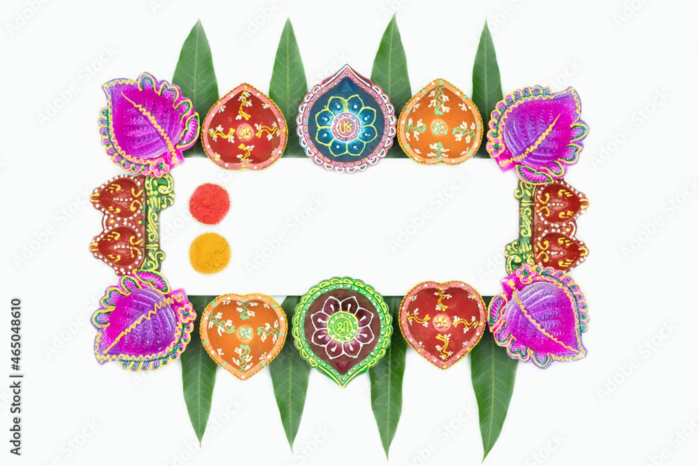 Frame Border Of Multicolor Diya, Deep Or Dia With Mango Leaves, Haldi ...
