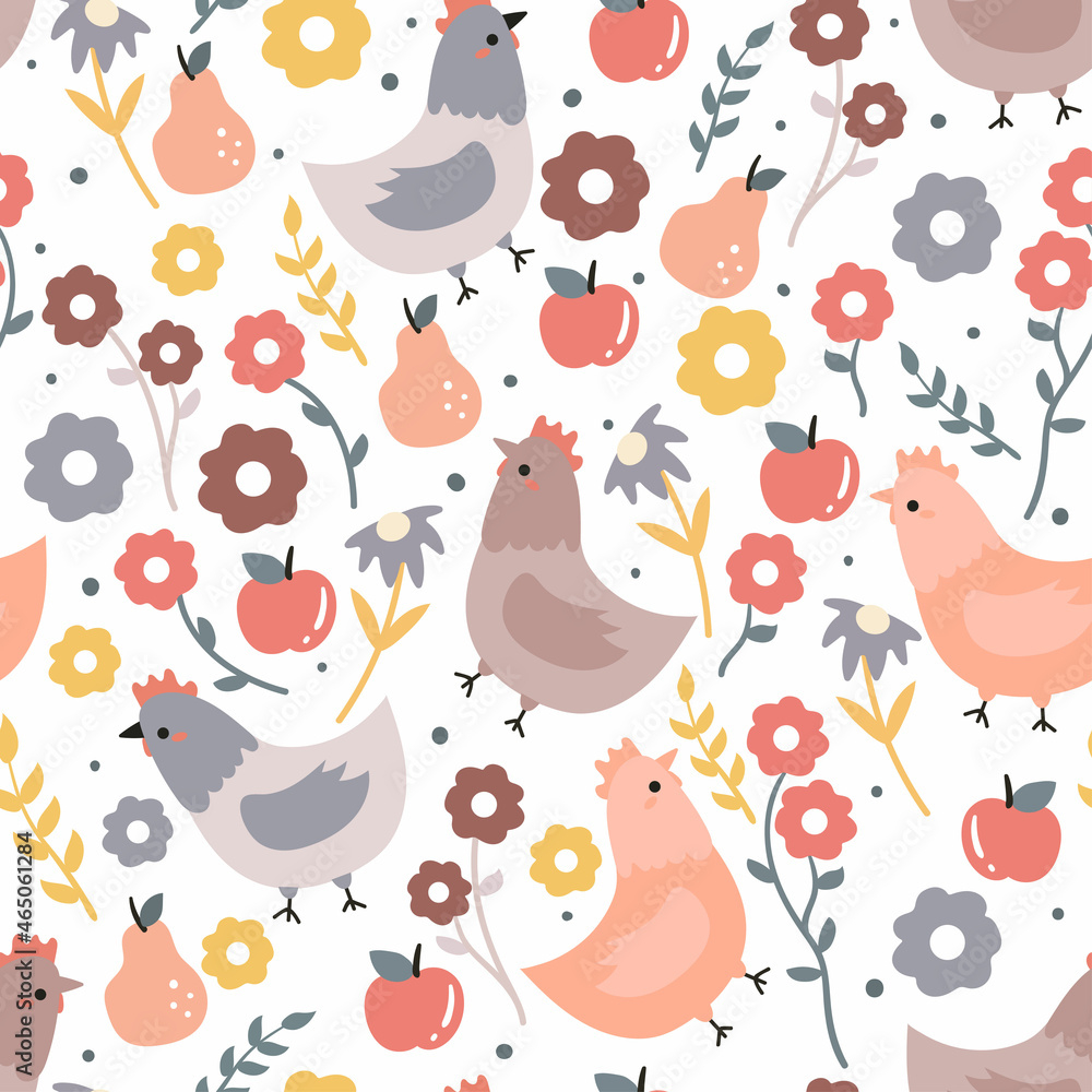 Seamless pattern with cute cartoon chicken and flowers for fabric print ...
