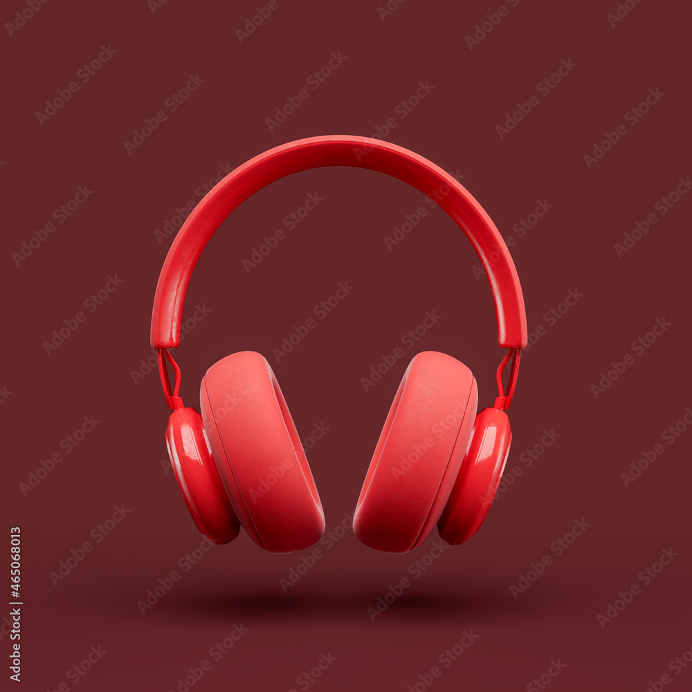 Monochrome red color over ear headphone in a red studio, front view, 3d ...