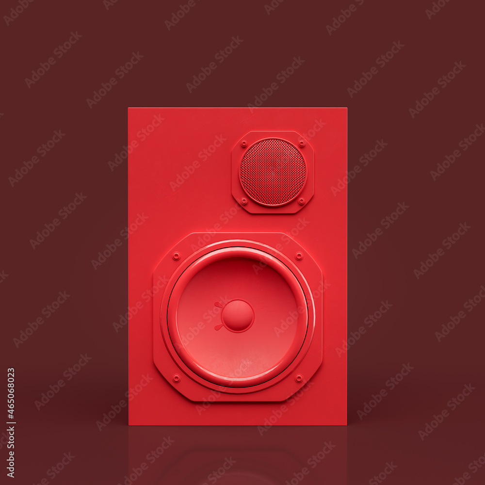 Red color professional speakers on the floor in a red background, front ...