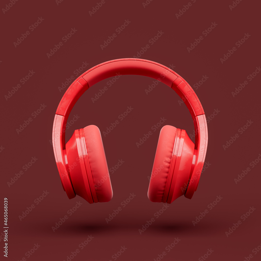 Monochrome red color over ear headphone in a red studio, front view, 3d ...