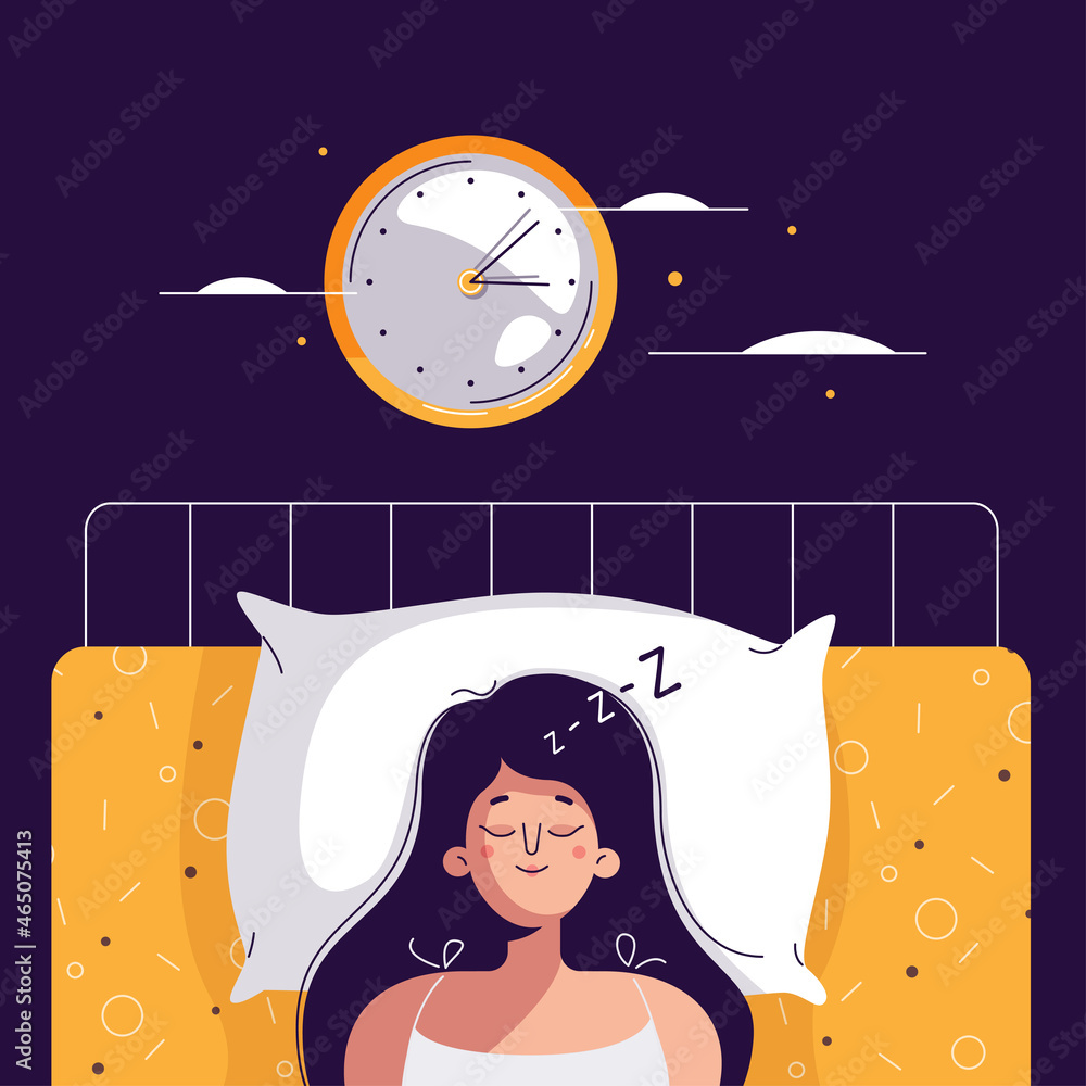 Fast asleep vector illustration. Happy woman is sound asleep, having a ...