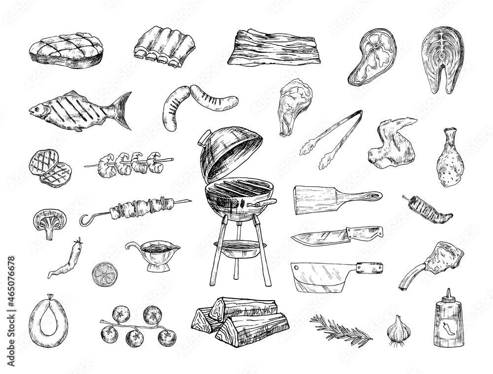 Collection of monochrome illustrations of barbecue in sketch style ...