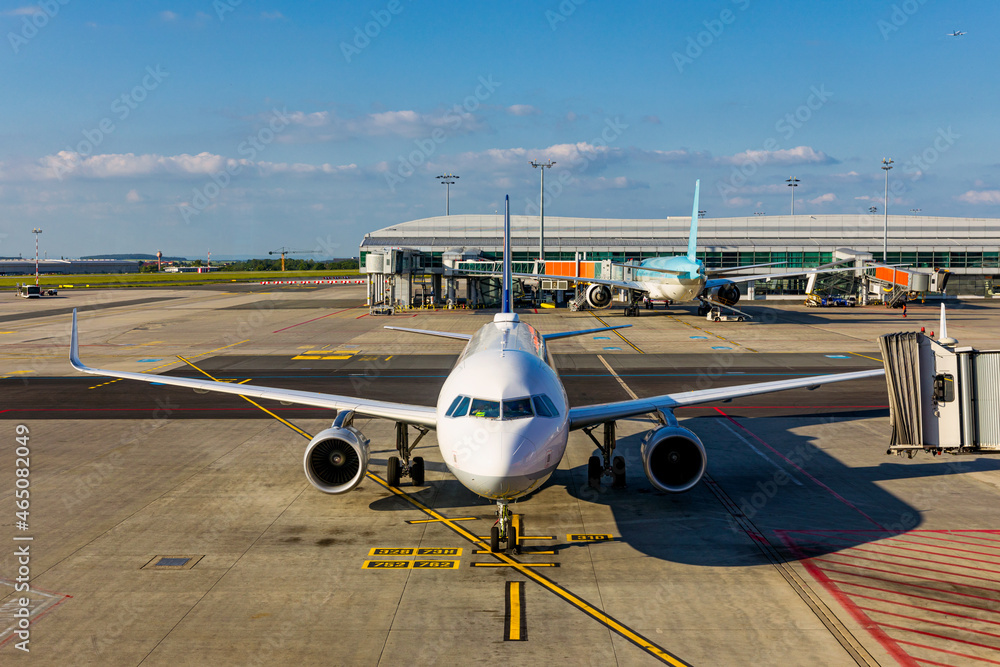 Passenger airplane getting ready for flight. Front view of landed ...