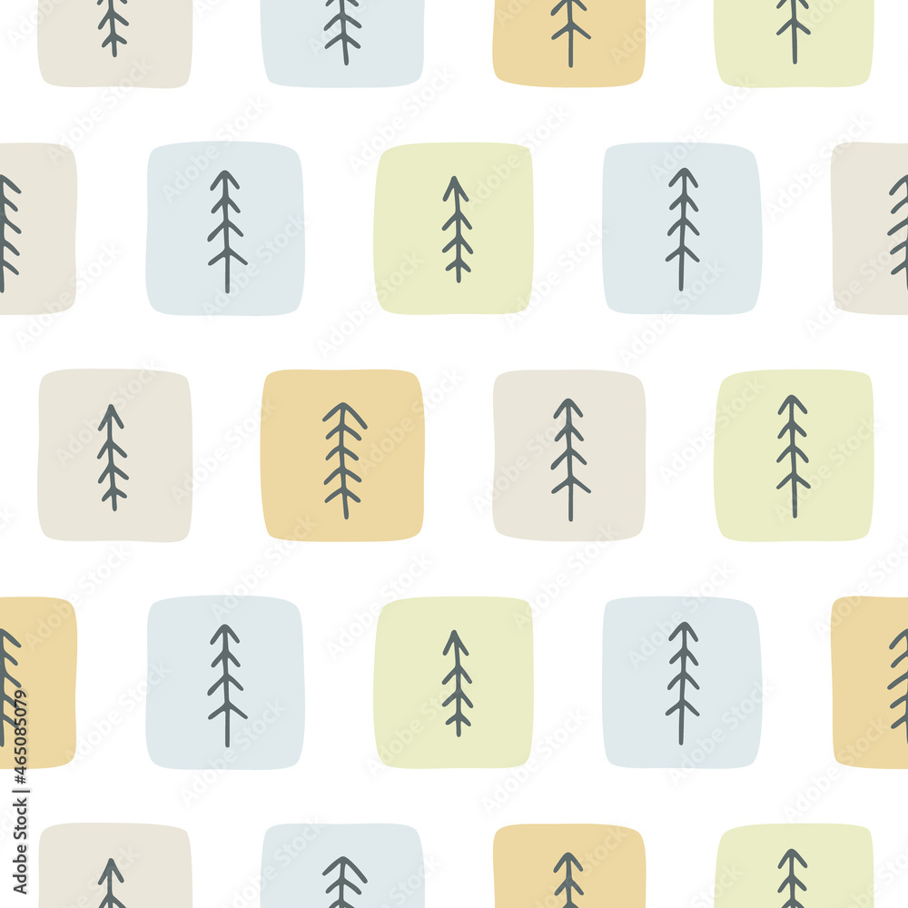 Cute doodle forest tree silhouette in square pattern. Seamless texture ...