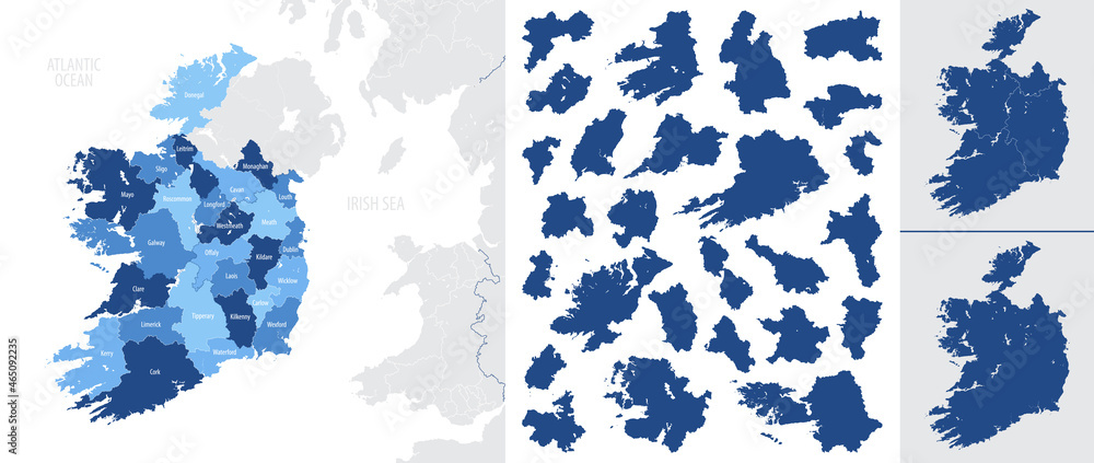 Detailed, vector, blue map of Ireland with administrative divisions ...