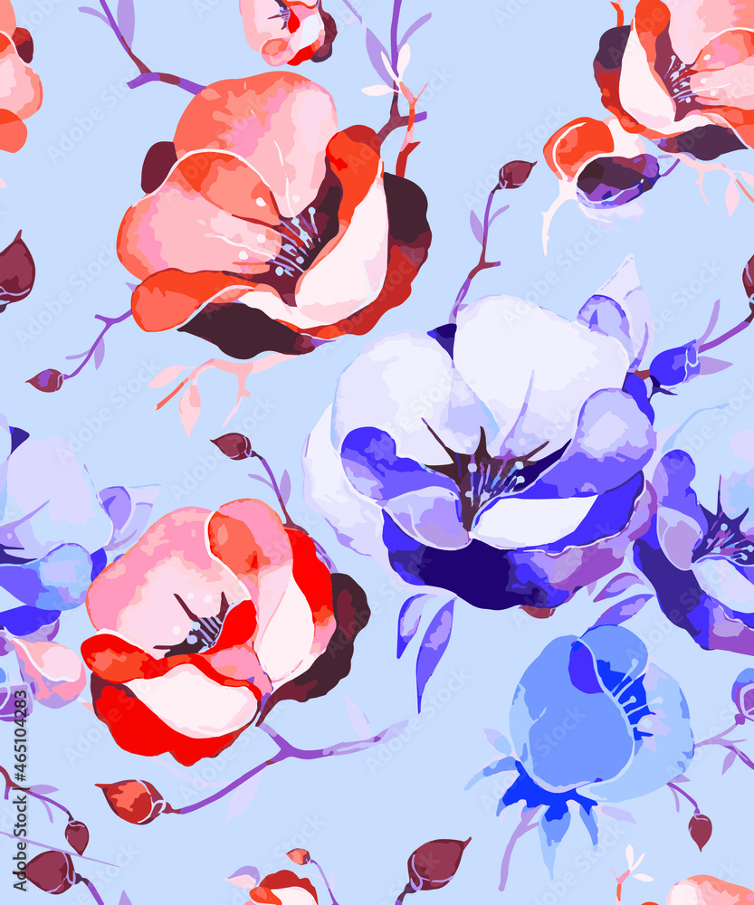 Vector flowers in purple pink and blue shades. Pattern. Buds and twigs ...