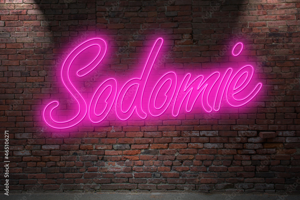 Neon Sodomy (in german Sodomie) lettering on Brick Wall at night Stock ...