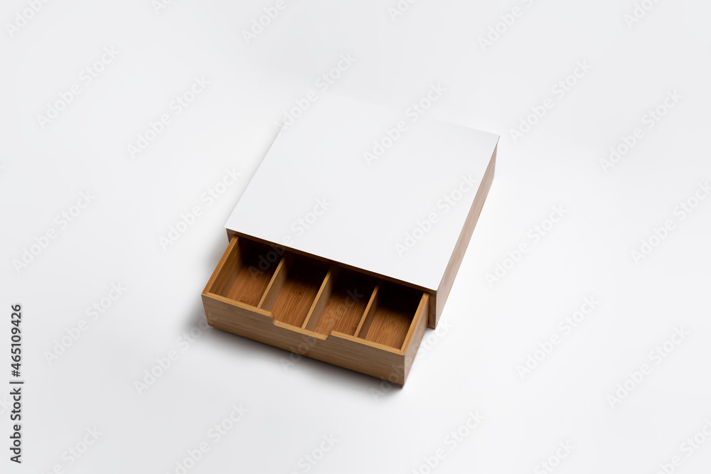 Wooden tea box with blank label isolated on white background.High ...