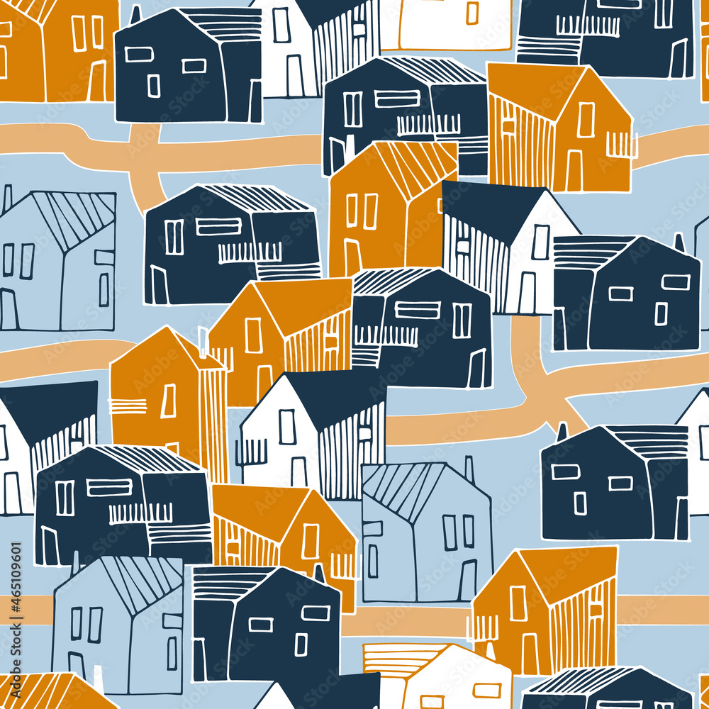 Seamless pattern with townscape in navy-blue and ochre color palette ...