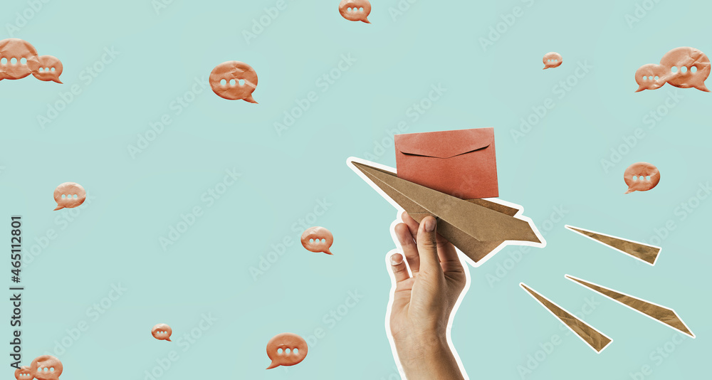 Send your message. Art collage with paper plane, envelope and speech ...