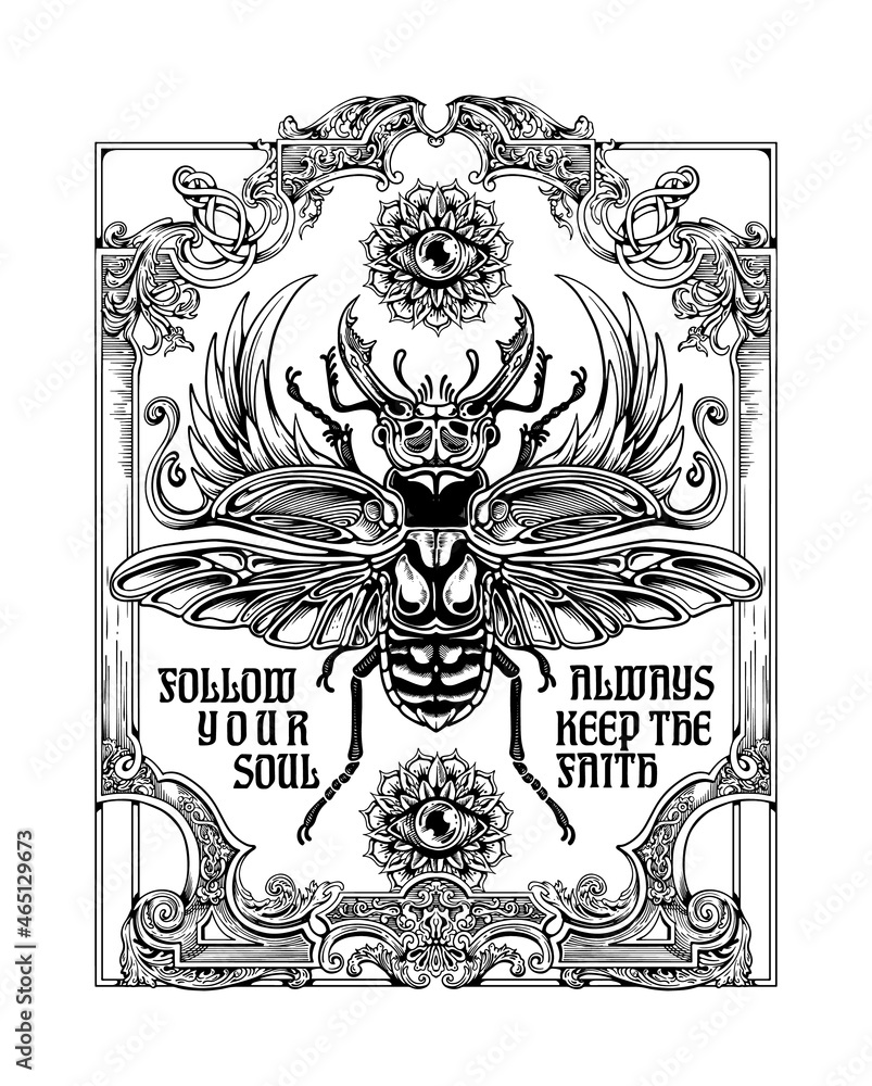 rock chic poster design with scarab wings and vintage frame hand drawn ...