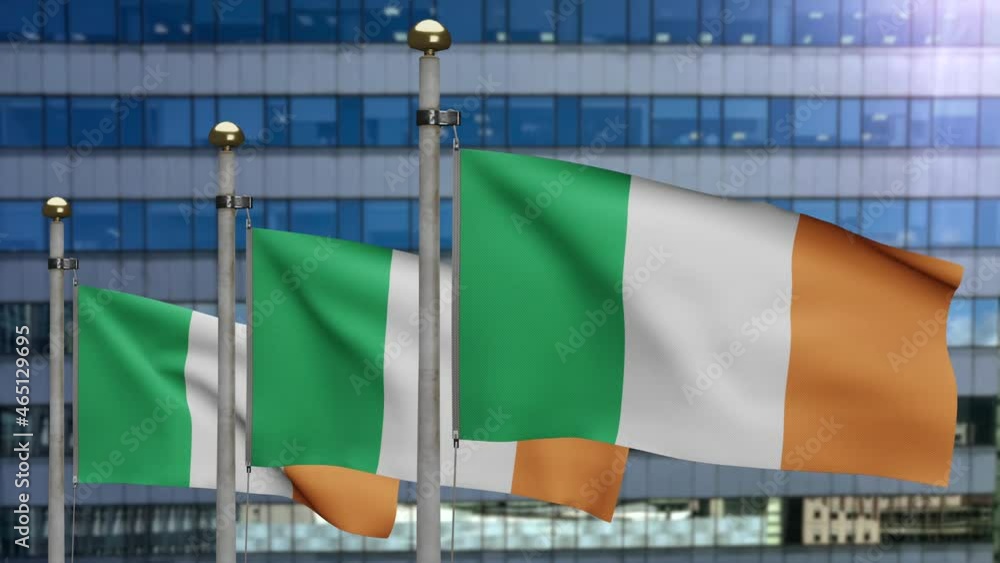 3D, Ireland flag waving on wind with modern skyscraper city. Close up ...