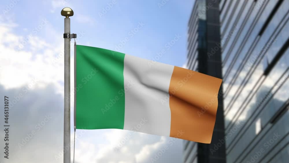 3D, Ireland flag waving on wind with modern skyscraper city. Close up ...