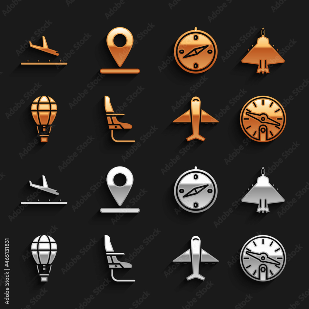 Set Airplane seat, Jet fighter, Compass, Plane, Hot air balloon ...