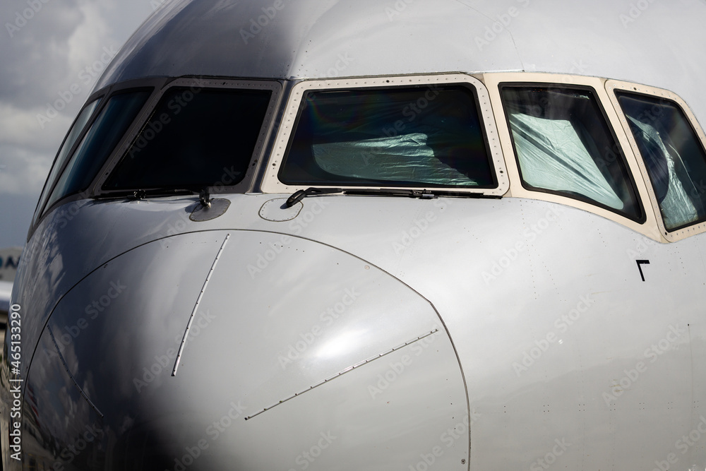 Airplane 777 cockpit, outside view Stock Photo | Adobe Stock
