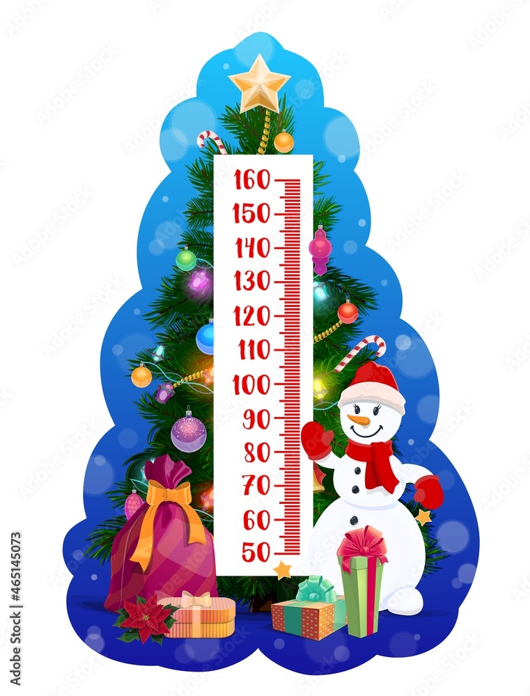 Kids height chart of cartoon Christmas tree and snowman character ...