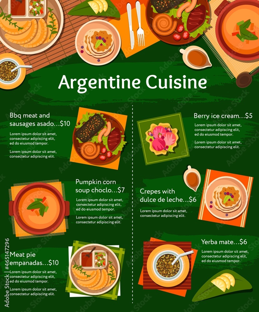 Argentine cuisine vector menu with barbecue meat dishes, vegetable soup ...