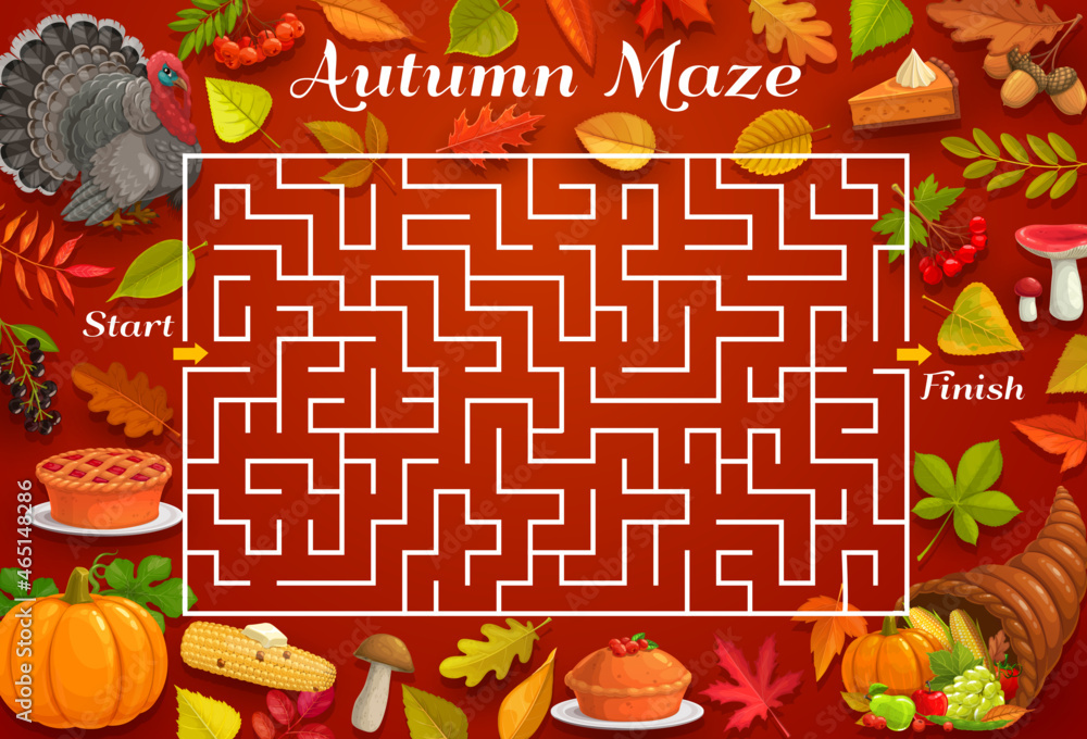 Autumn labyrinth, vector maze game with Thanksgiving turkey and ...