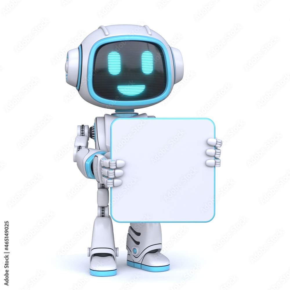 Cute blue robot holding blank square board 3D Stock Illustration ...